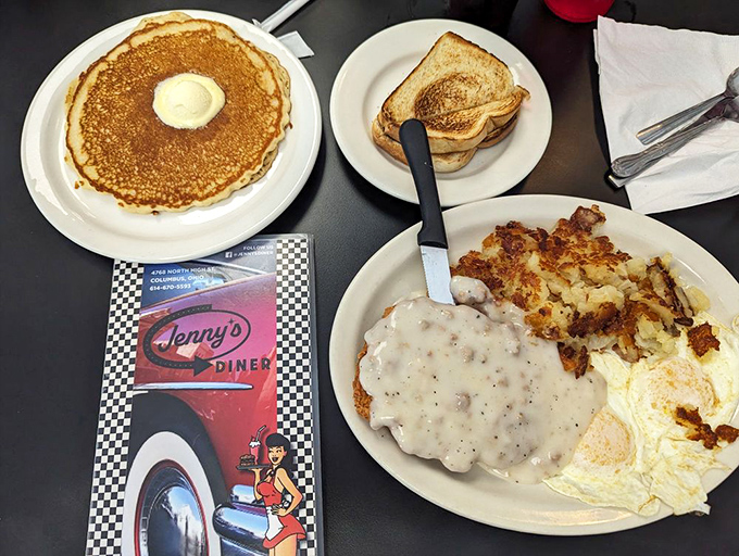 Breakfast alchemy at its finest: pancakes the size of frisbees, eggs with perfect sunset-yellow yolks, and country fried steak smothered in gravy.