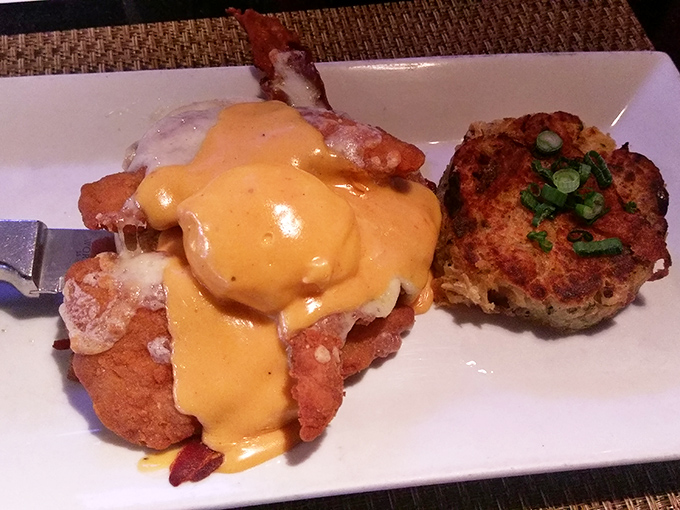 Benedict gets a coastal makeover with this crabcake creation. That hollandaise sauce is practically doing the backstroke across the plate.