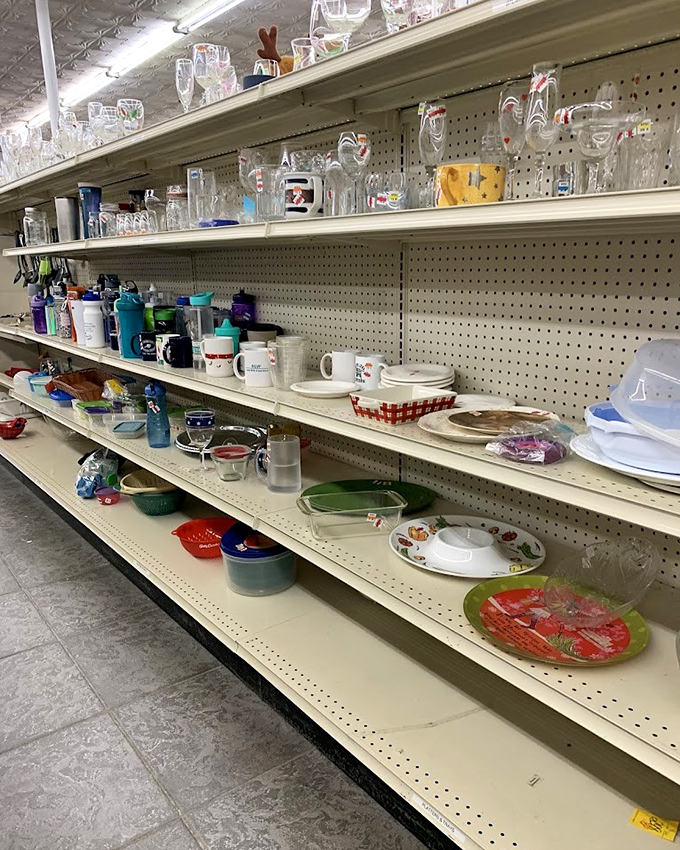 Glassware and dishes from every era create a mismatched timeline of American dining. That Christmas-themed mug might just become your favorite July coffee vessel.