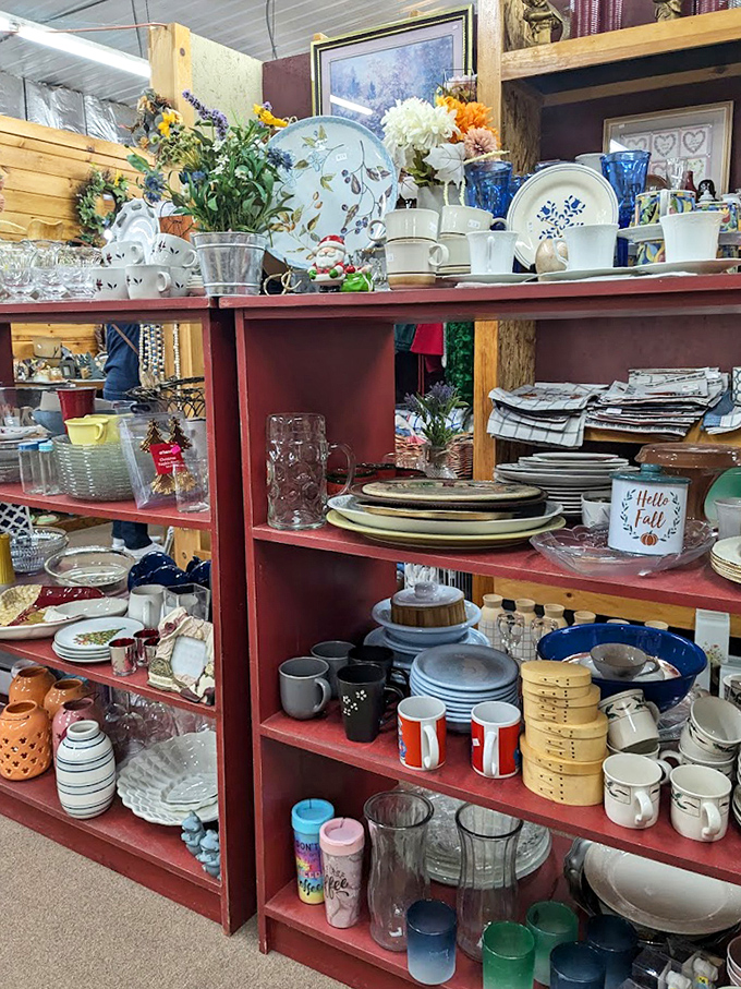 These shelves tell stories through dishware&mdash;each plate, mug, and bowl waiting for a second chance to host family dinners and midnight snacks.