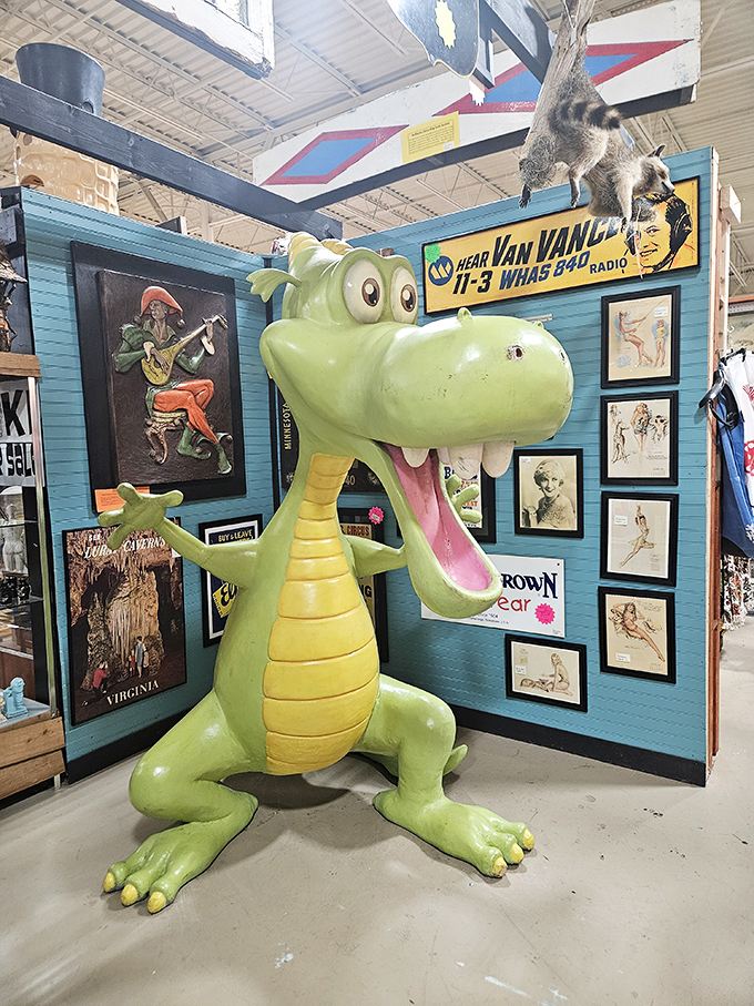 This grinning green dragon might have escaped from Disney's "Pete's Dragon" movie set. With joyful eyes and cartoon charm, he's the unofficial greeter of the whimsical collectibles section.