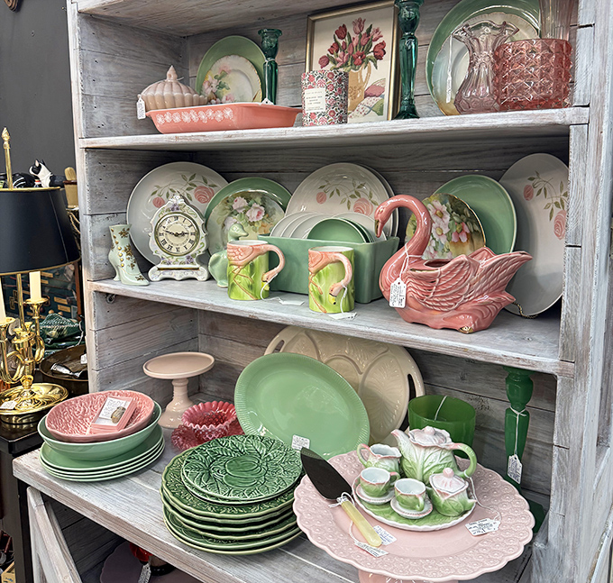 Green and pink dishware arranged like a vintage dinner party waiting for guests who never age.