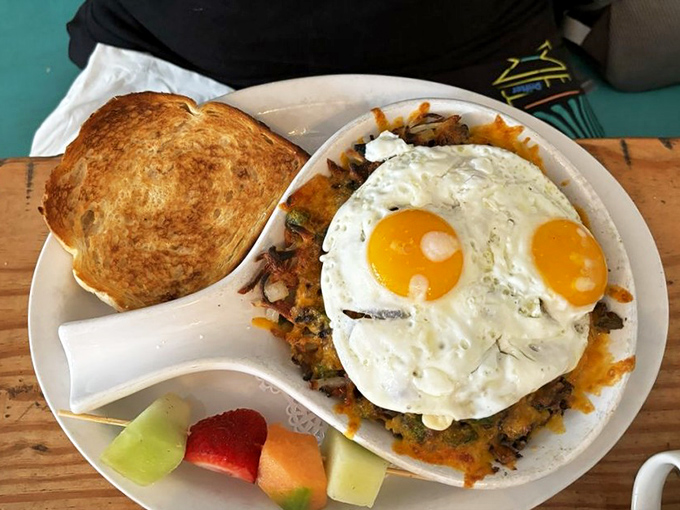 Breakfast skillet magic &ndash; where hash browns meet sunny-side-up eggs in a relationship your taste buds will want to third-wheel.