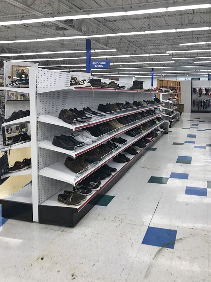 Shoe heaven stretches before you. From practical work boots to dressy options, these shelves prove style doesn't have to come with sticker shock.