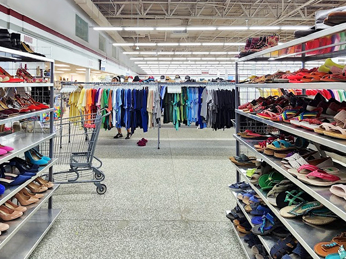 The shoe section: where footwear fantasies come true without the retail markup. Rainbow-organized for the color-coding enthusiasts among us.