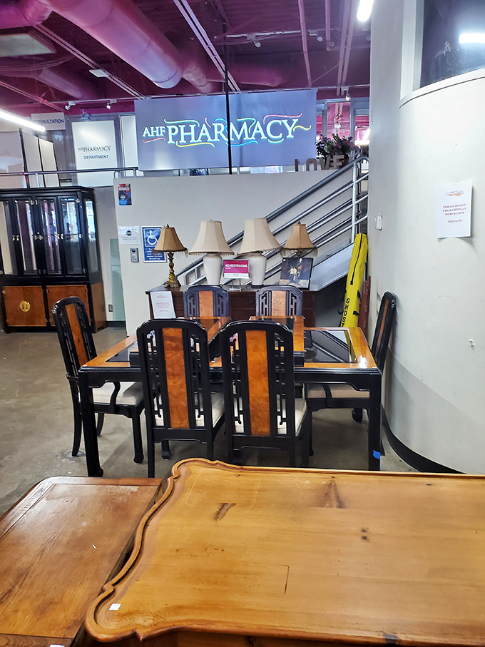 Beyond clothing, furniture treasures await. That dining set has probably hosted more interesting conversations than most of us have had all year.