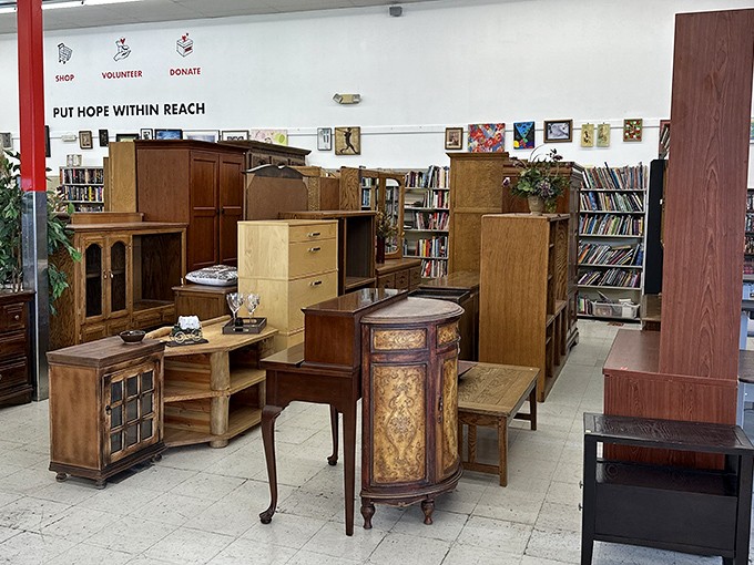 A furniture department that whispers "mid-century gem hiding in plain sight" among the everyday wooden treasures.