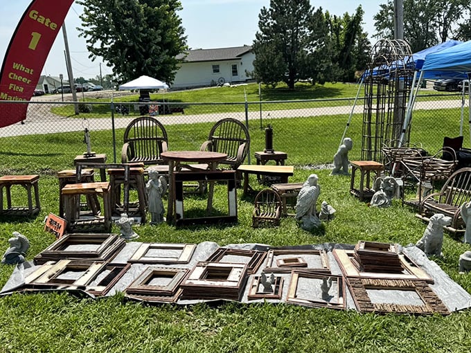 Garden statues and weathered frames await new homes. In the flea market economy, yesterday's porch decorations become tomorrow's conversation pieces.