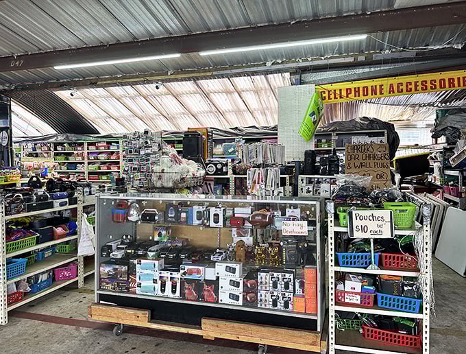 Modern gadgets and vintage electronics coexist like a tech museum you can actually afford.