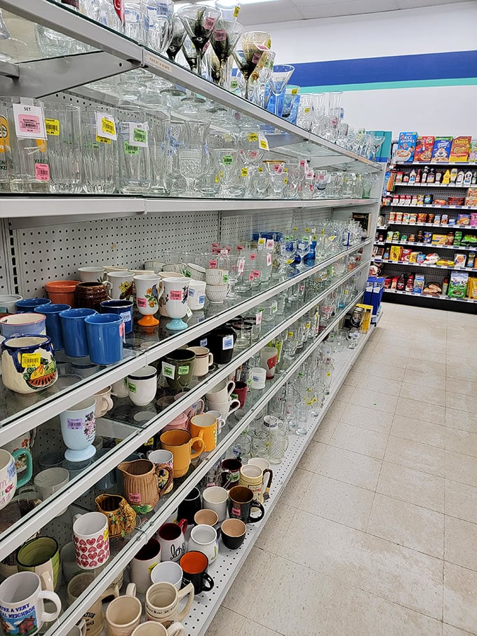Mug hunters, rejoice! This glassware aisle holds enough vessels to serve coffee to everyone in your neighborhood&mdash;twice.