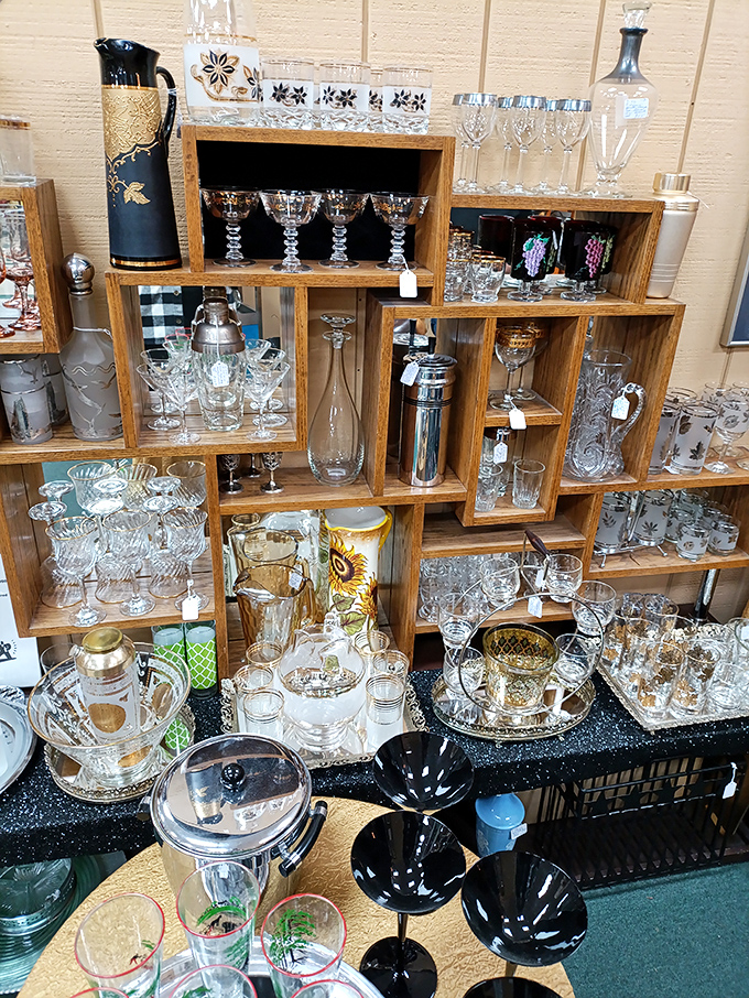Crystal and glassware that survived decades of dinner parties now wait for new celebrations. Each piece tells a story of toasts long forgotten.
