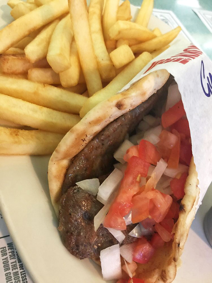 This gyro isn't just a sandwich—it's an edible hug. Fresh tomatoes and onions add crunch to tender meat, while those fries are clearly overachievers.