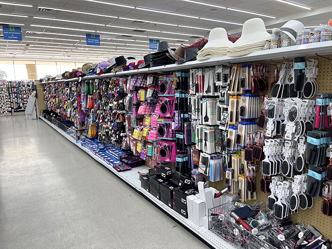 Kitchen gadgets and hair accessories living in perfect harmony, proving that organization is merely a suggestion in the dollar store universe.