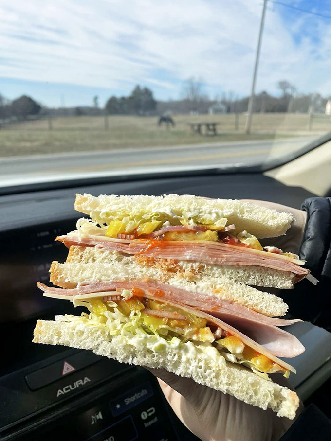 The ham sandwich in its natural habitat&mdash;being enjoyed with a backdrop of rural North Carolina. Road trip fuel at its finest.
