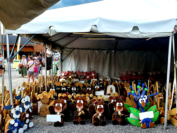 Wooden menagerie standing at attention. These handcrafted animal figures showcase the whimsical side of Amish craftsmanship that makes adults feel like kids again.
