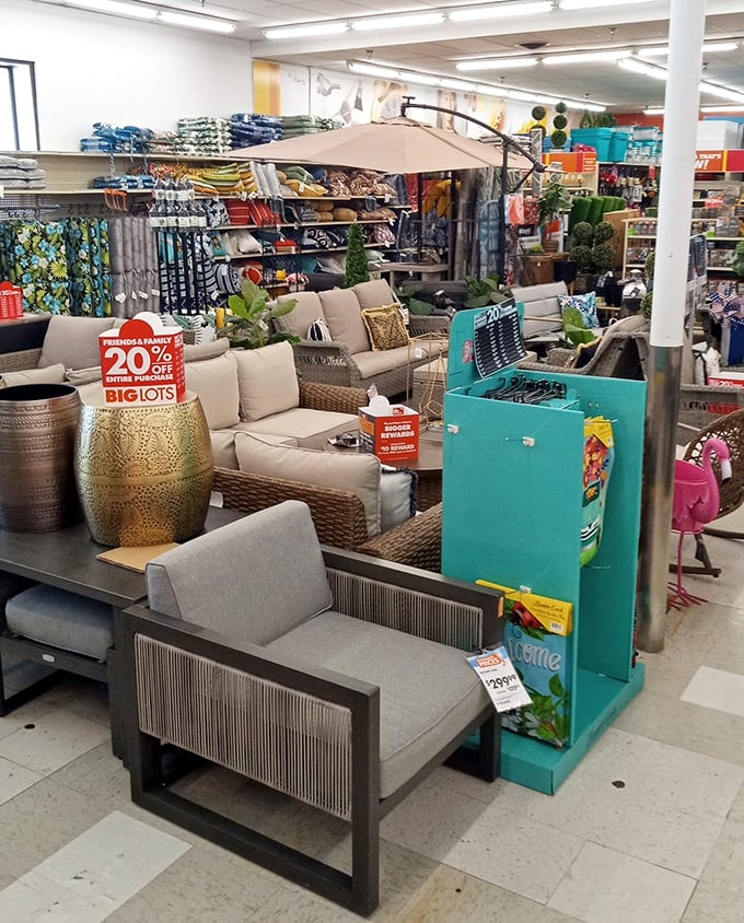 A tropical oasis emerges amid fluorescent lighting &ndash; patio furniture and decorative planters transform Ohio living rooms into staycation destinations year-round.