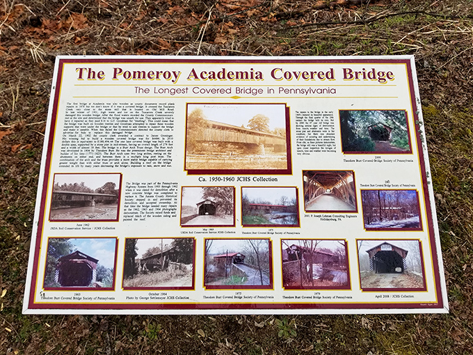 This information board reveals the bridge's remarkable journey through time, surviving floods that claimed lesser structures.