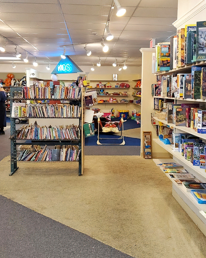Where children's literature meets playtime possibilities. That blue "KIDS" sign is like the North Star for parents on budgets.