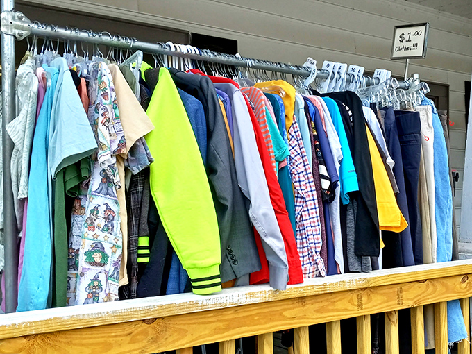 The clothing racks burst with color like a wearable rainbow. That perfect shirt you never knew you needed is probably hiding right here.
