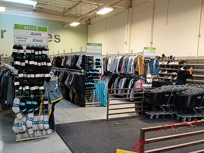 The men's section: where yesterday's fashion statements become tomorrow's vintage finds. Denim for days and possibilities for pennies.