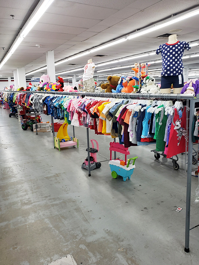 The children's section&mdash;a rainbow of tiny fashions where today's outgrown outfit becomes tomorrow's hand-me-down treasure.
