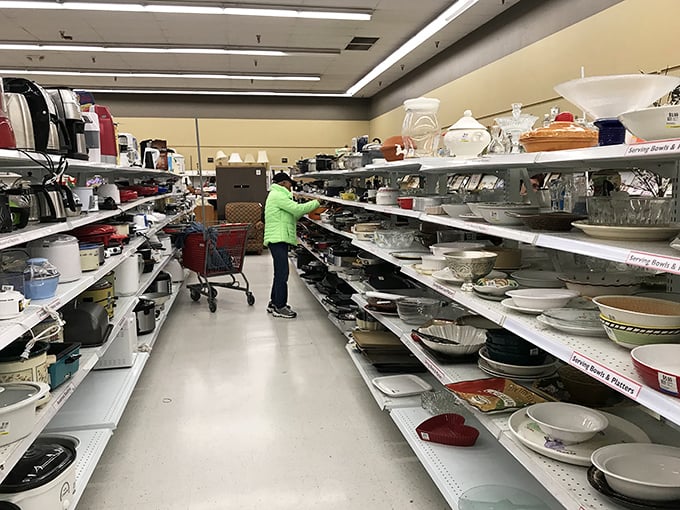 The kitchenware aisle: where forgotten fondue sets and barely-used bread makers find new purpose. One shopper's abandoned pasta maker is another's Italian cuisine renaissance.