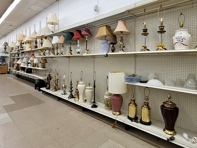 Lamp heaven! Where lighting fixtures go for their second act. From grandma-chic to mid-century modern, these illuminating treasures prove one person's discard is another's design statement.