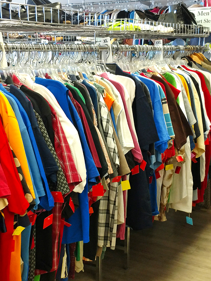 A rainbow of men's shirts awaits, proving you don't need to spend a fortune to look like you've got your life together.