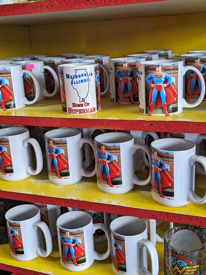 "Metropolis, Illinois: Home of Superman" mugs line the shelves, offering visitors a daily reminder of their journey to this real-world comic book town.