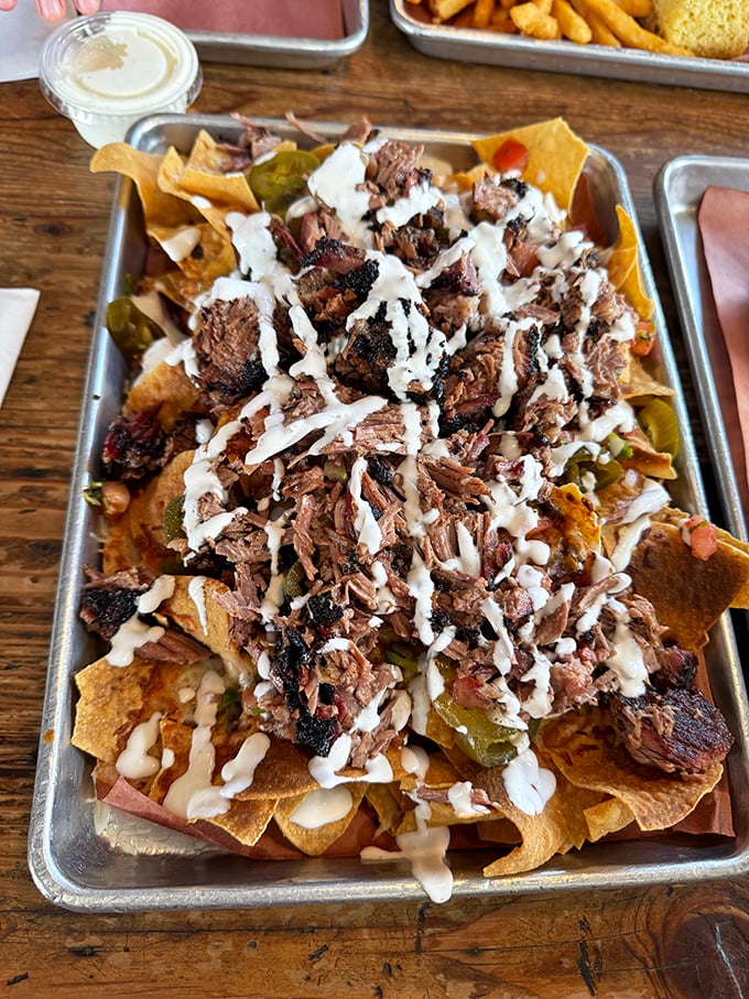 BBQ nachos that make you question everything you thought you knew about proper chip-to-meat ratios. Spoiler alert: more meat wins.