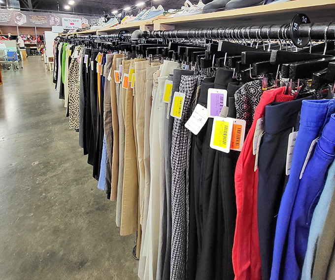 The pants section: where leopard print lives harmoniously next to sensible khakis, proving fashion democracy is alive and well in Sarasota.