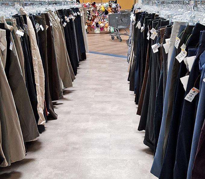 The pants corridor: a denim democracy where designer jeans and everyday slacks hang together in perfect harmony.