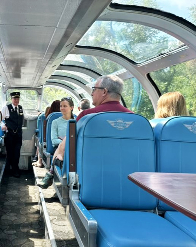 The dome car's panoramic ceiling transforms ordinary sightseeing into an immersive experience, with comfortable blue seats positioned for maximum "oohing" and "aahing."