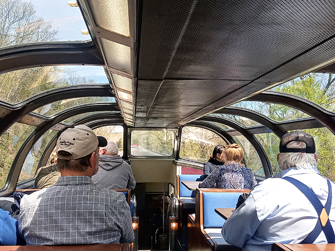 The dome car's curved glass ceiling transforms passengers into explorers, each bend in the track revealing Ozark vistas that no highway could deliver.