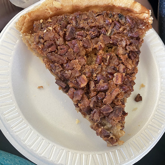 Pecan pie so densely populated with nuts, it's like a pecan convention decided to settle permanently in the most buttery, flaky crust imaginable. 