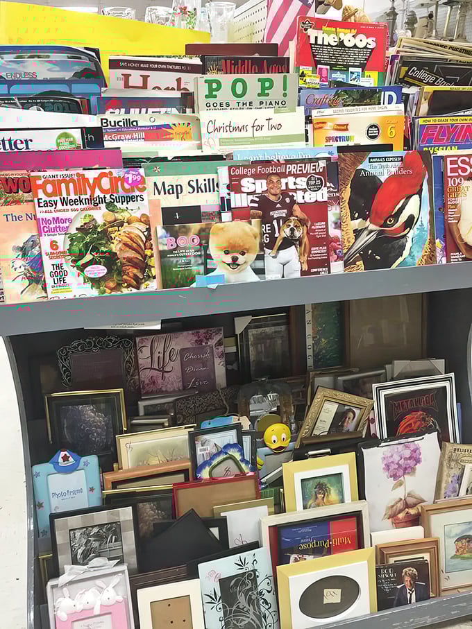 Picture frames and magazines create a nostalgic display where memories and current events dance together harmoniously.