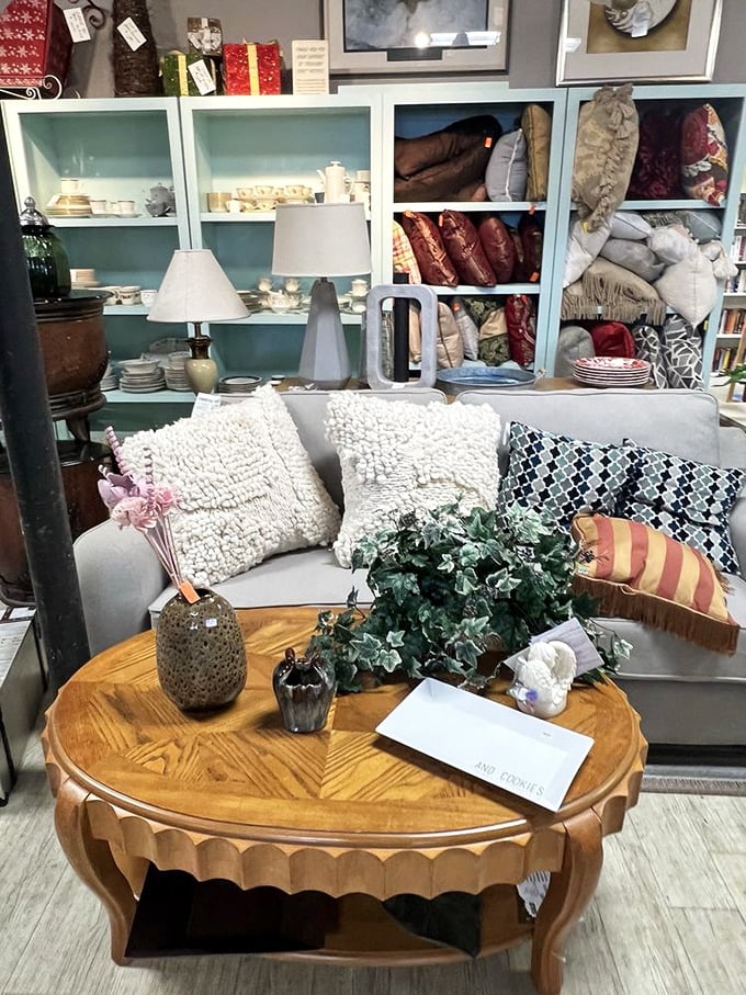 The living room setup that makes you wonder if you've wandered into a high-end furniture store rather than a thrift boutique.