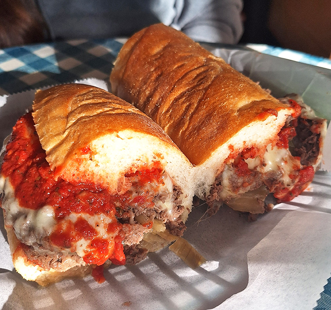 This meatball sandwich isn't just food&mdash;it's edible architecture, with layers of savory meatballs, tangy sauce, and cheese that stretches for days.