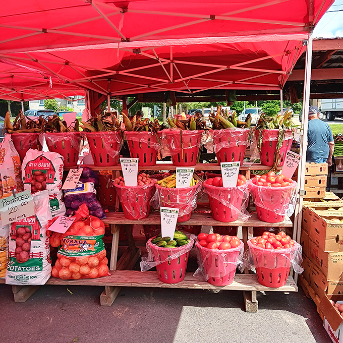Farm-fresh produce arranged in cheerful red baskets &ndash; tomatoes so vibrant they make stoplight jealous and corn still remembering its field days.
