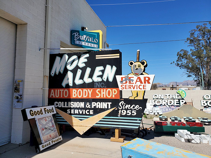 The Moe Allen Auto Body Shop sign reminds us of an era when businesses didn't just advertise&mdash;they announced themselves with personality and flair.