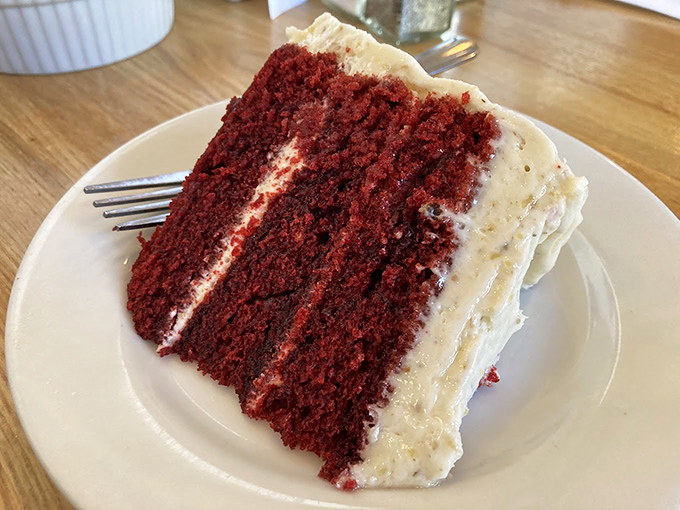 Red velvet cake so vibrant and moist it makes you wonder if other cakes are just phoning it in by comparison.