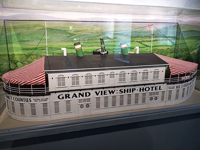 The Grand View Ship Hotel model recreates one of the highway's most beloved lost landmarks—a ship-shaped hotel perched impossibly on a Pennsylvania mountainside.