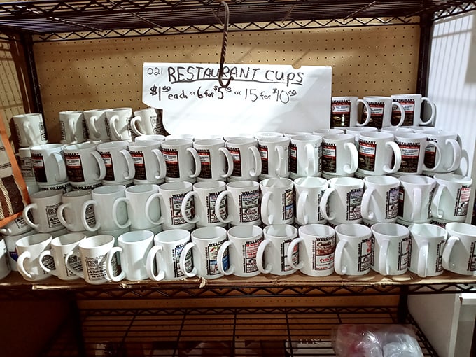 Restaurant mugs stacked with military precision&mdash;each one a refugee from some diner's going-out-of-business sale, now seeking a second chance.