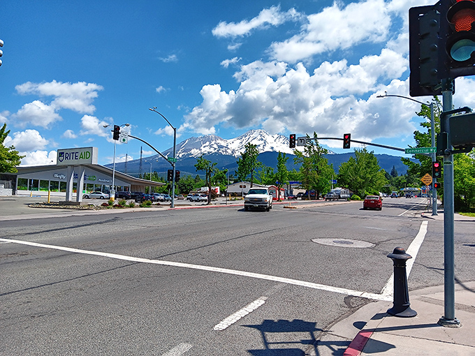 In Mount Shasta, even the intersections come with postcard backdrops. Traffic jams involve waiting for deer to cross.