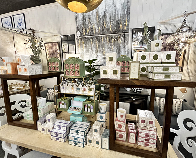 A meticulously arranged display of home fragrances that would make Marie Kondo weep with joy. Scent is the most powerful trigger of memory.