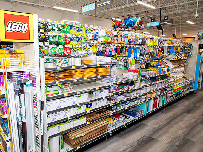 School supply paradise where teachers stretch classroom budgets and parents find everything from notebooks to LEGO sets.