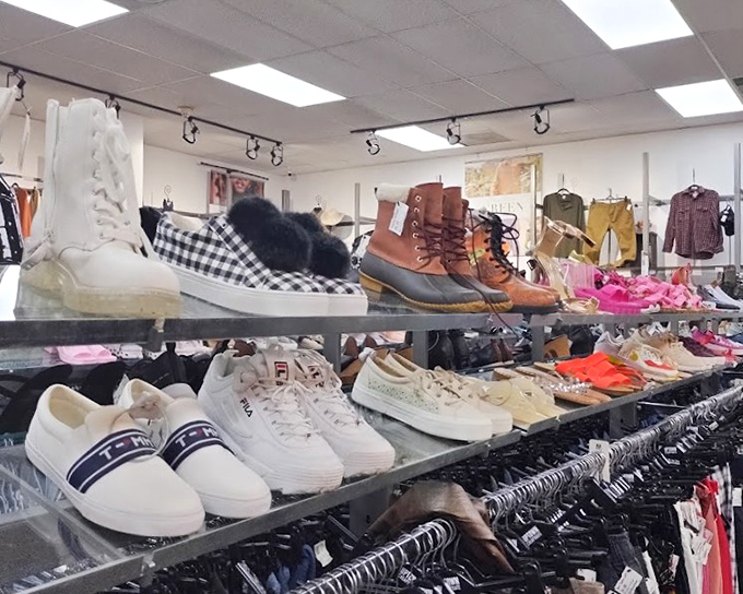 The footwear section offers everything from sensible flats to statement boots that whisper, "Yes, I cost a fortune, but not to you."