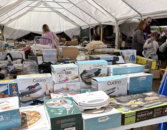 Inside the covered pavilion, kitchen gadgets promise to revolutionize your cooking or at least entertain your grandkids.