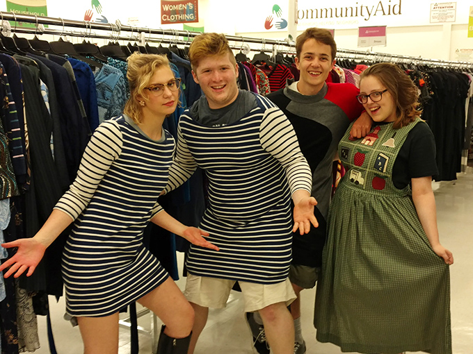 Young treasure hunters strike gold in matching stripes &ndash; proof that thrift store magic works for every generation.