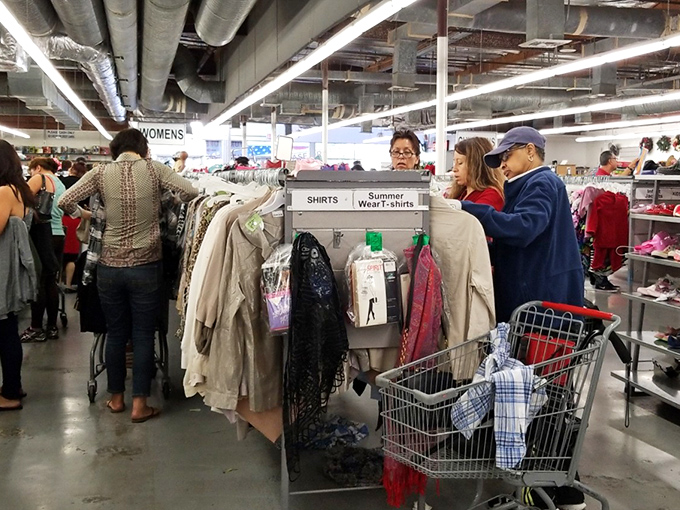 Fellow treasure hunters navigate the aisles with practiced eyes, shopping carts becoming vessels for serendipitous discoveries.